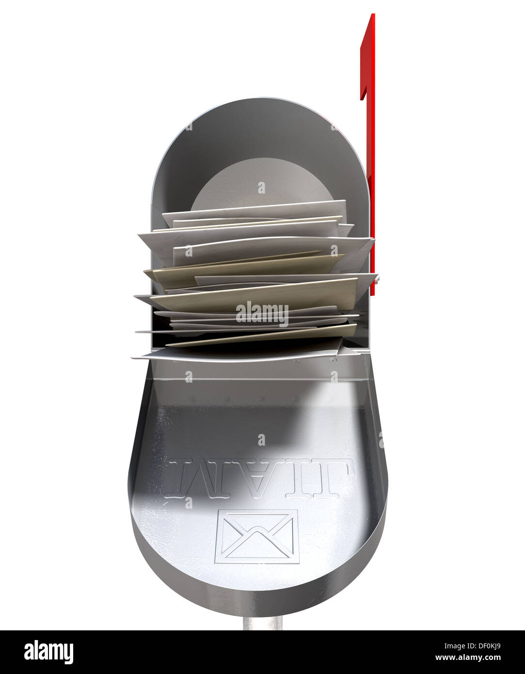 An front view of an open old school retro tin mailbox bulging with a ...