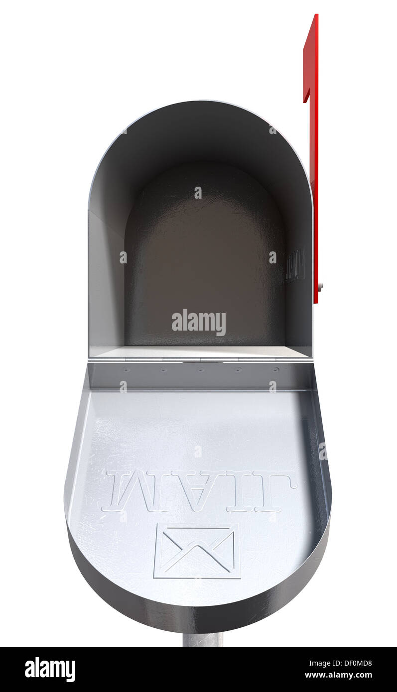 An front view of an open empty old school retro tin mailbox with an ...