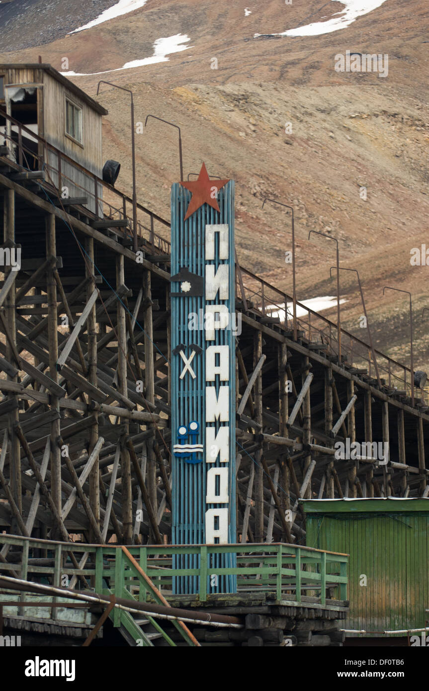 Soviet era sign with the Russian word for Pyramiden written on it in ...
