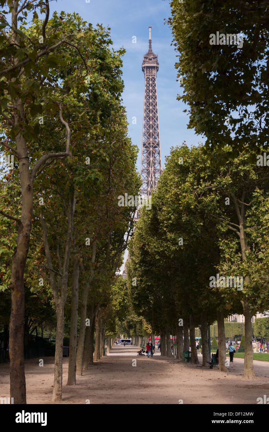 Eiffel Tour seen through a classic French line of trees, Champs de Mars ...