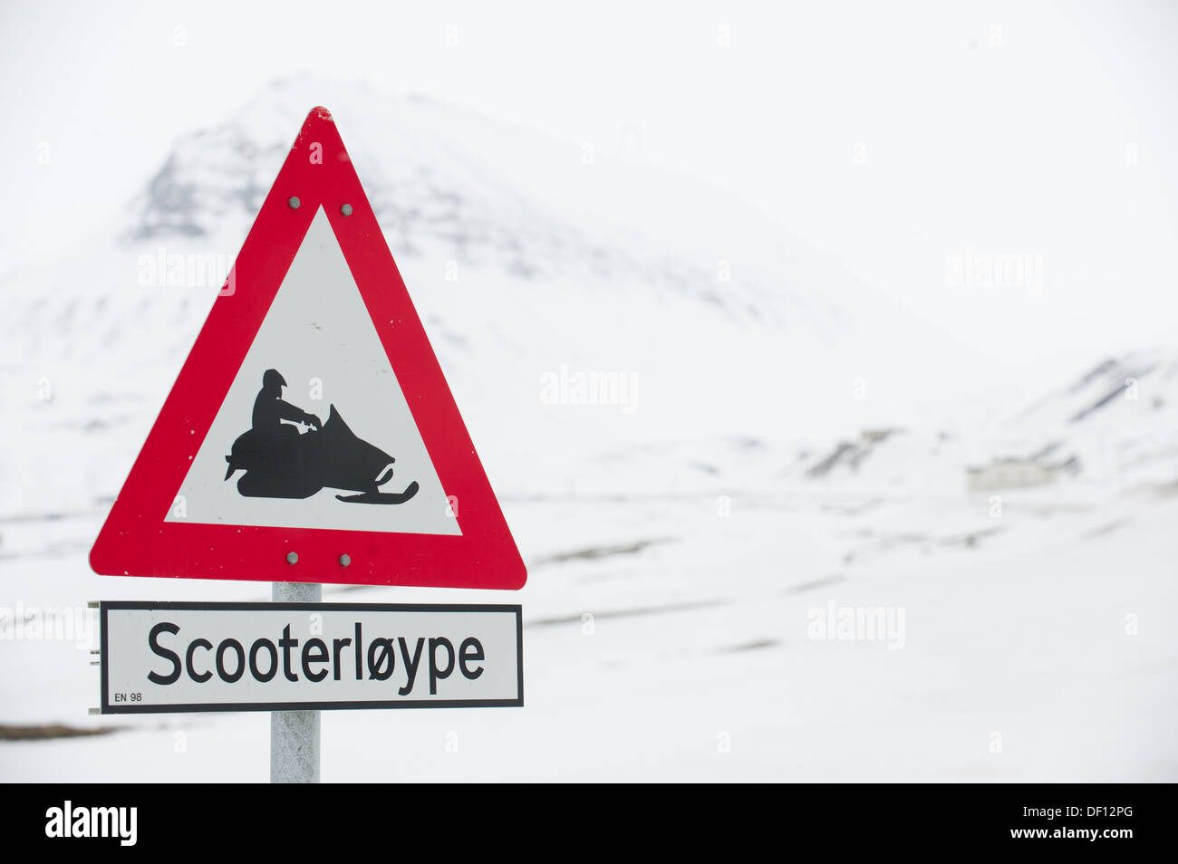 Snowmobile warning sign, Longyearbyen, Spitsbergen, Svalbard ...