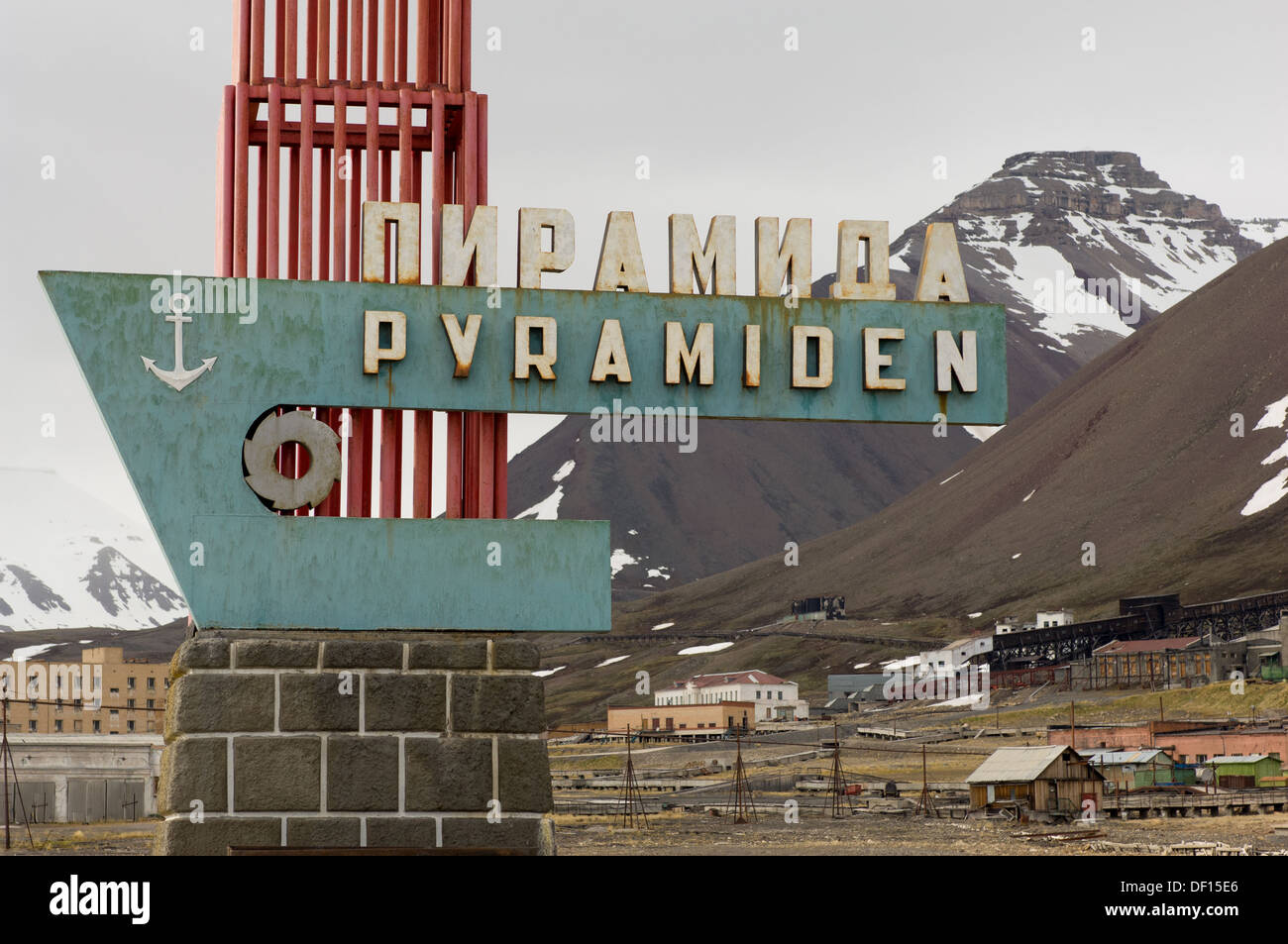 Soviet era sign with the Russian word for Pyramiden written on it in ...