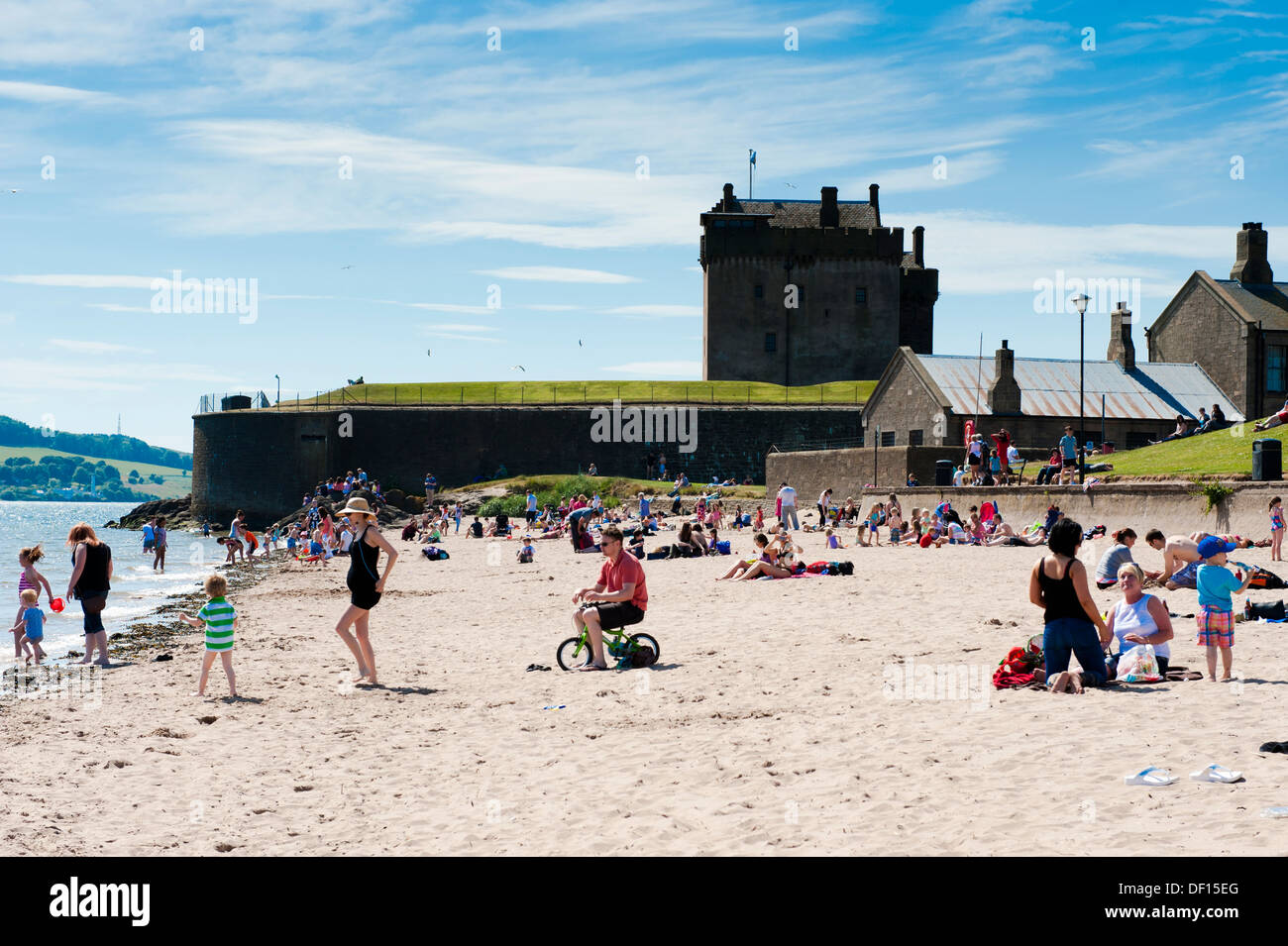 Families enjoying the beach in sunshine at broughty ferry beach with ...