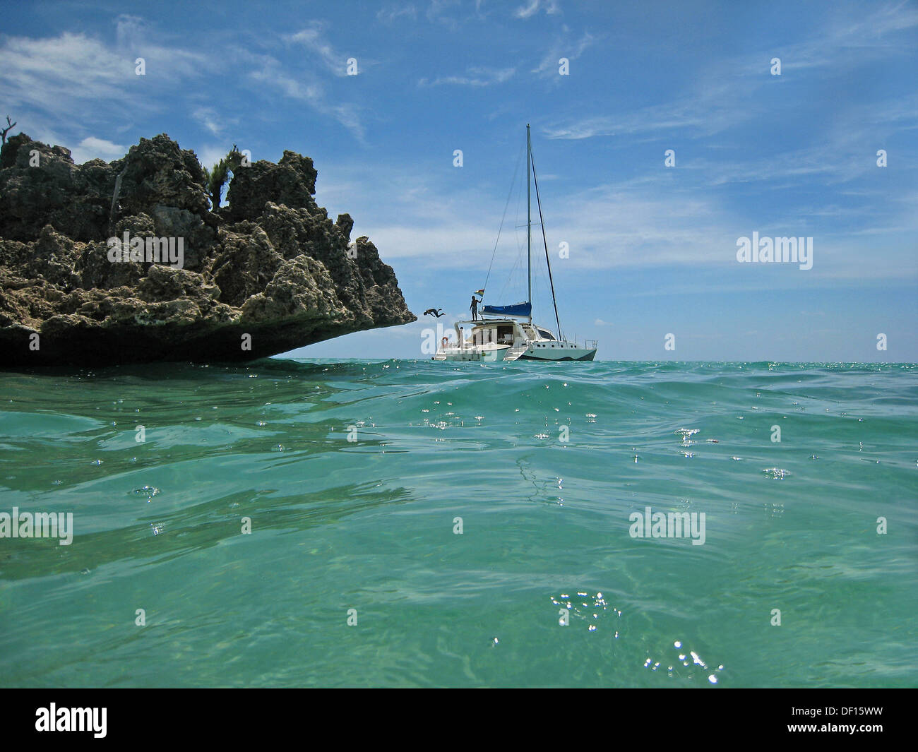 La Gaulette, Mauritius, catamaran anchored off the Crystal Rock Stock ...