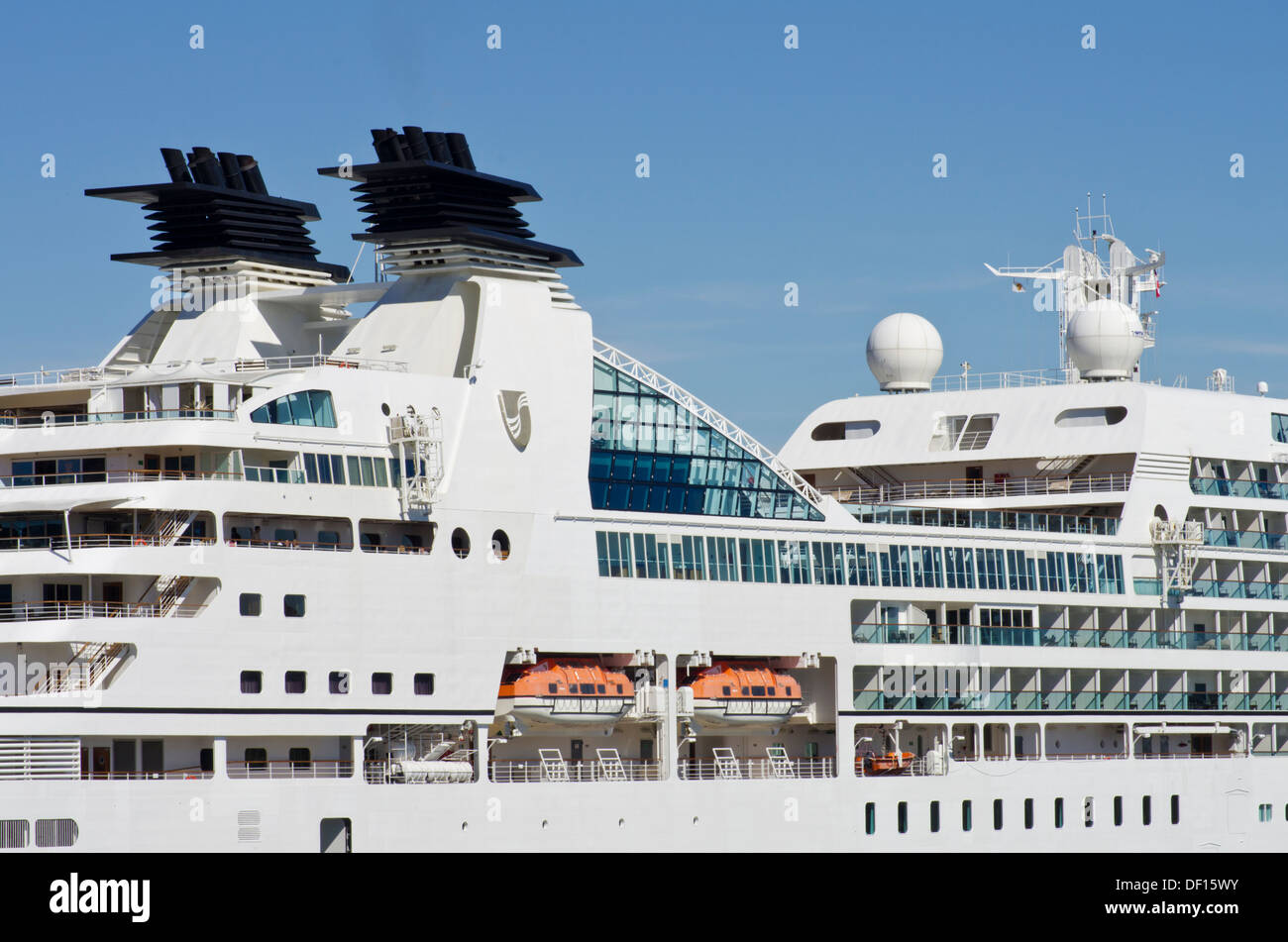 Multi-deck cruise ship anchored in the port of Montreal, Quebec, Canada ...