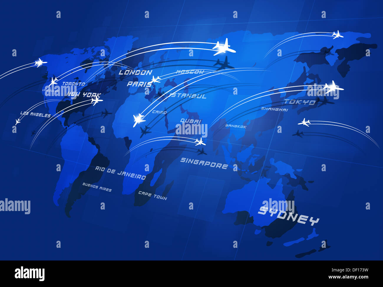 aviation background with many planes over the map with major cities ...