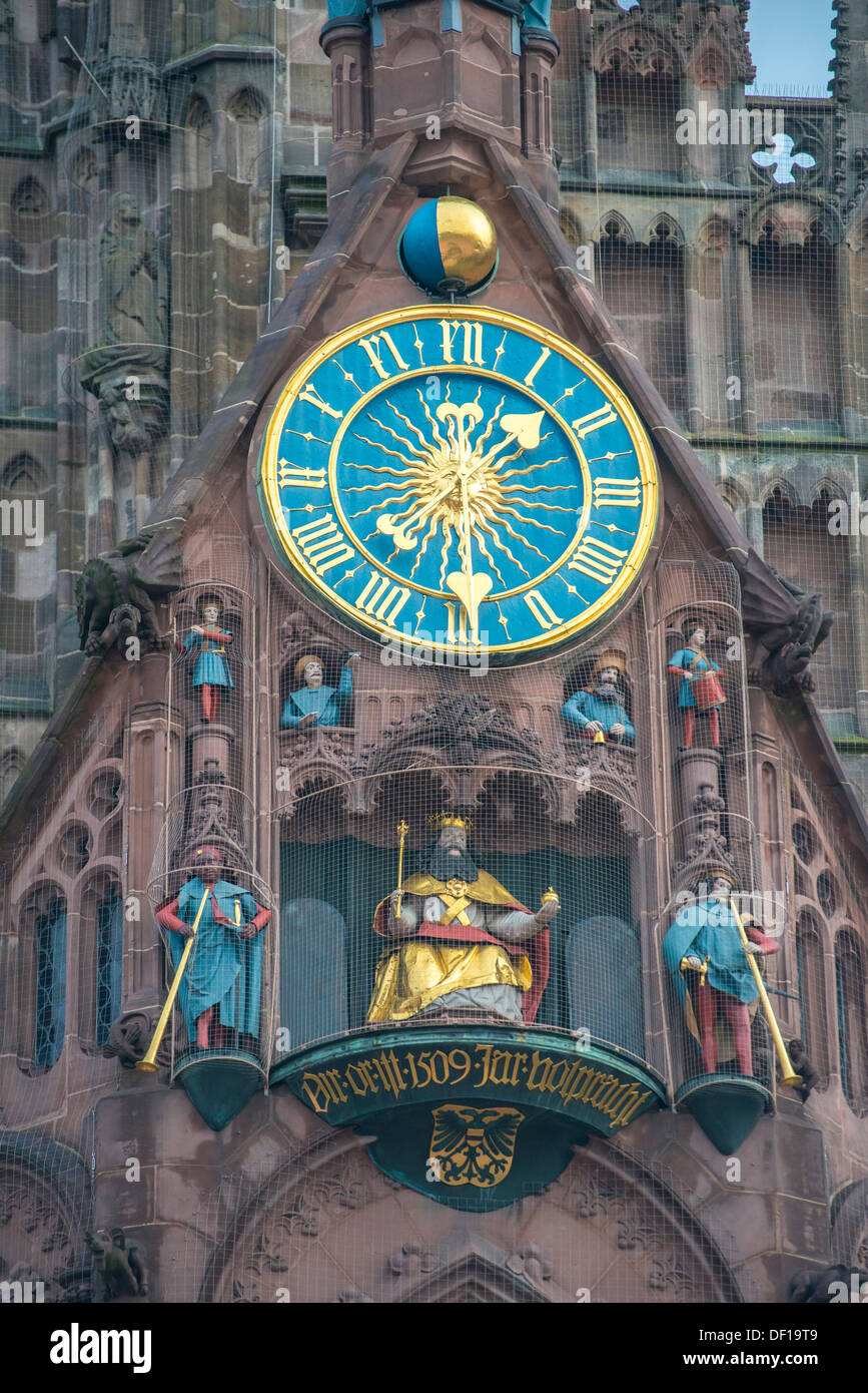Close-up of church clock tower, Church of Our Lady, Nuremberg, Germany ...
