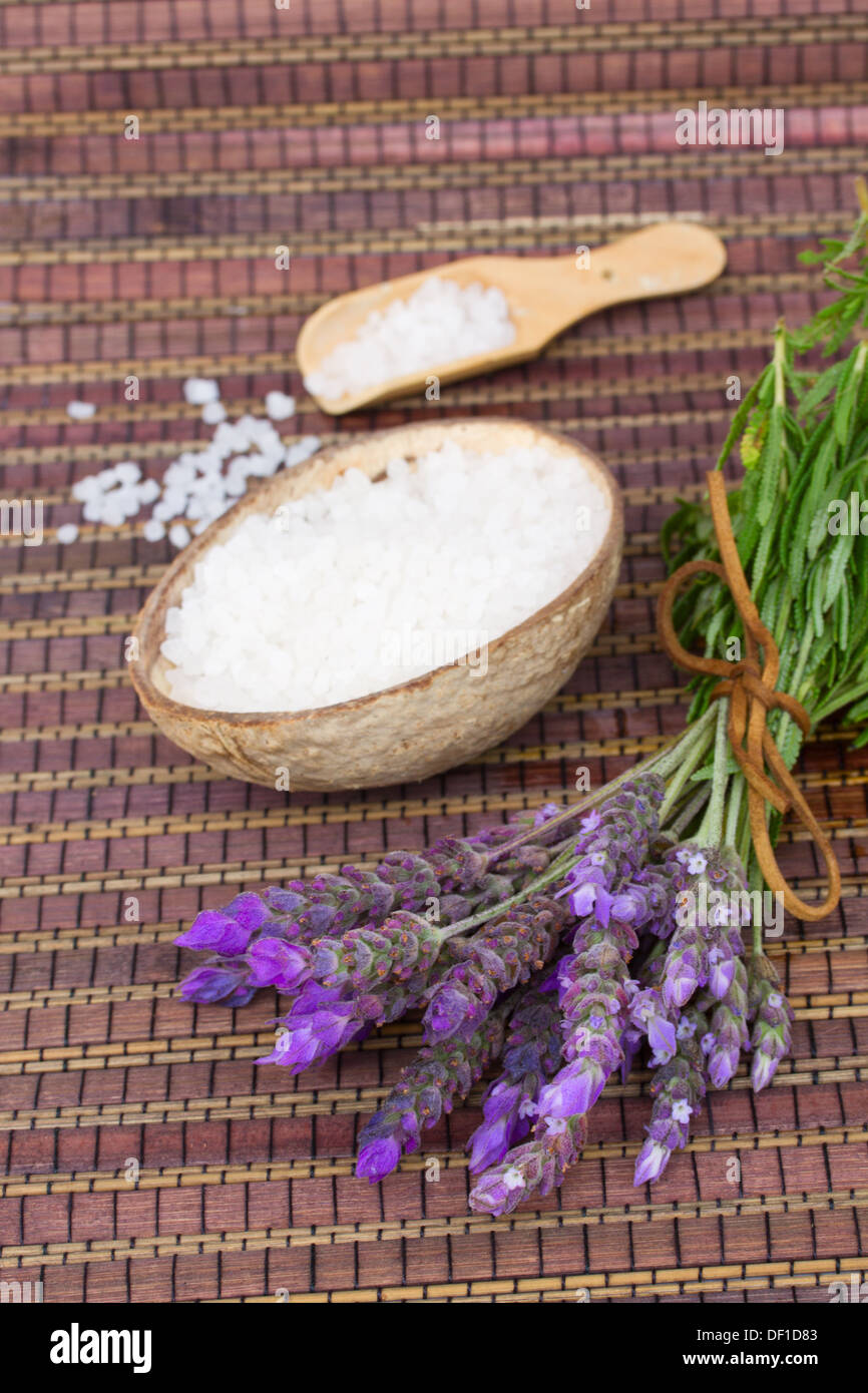 Lavender flowers spa set Stock Photo - Alamy