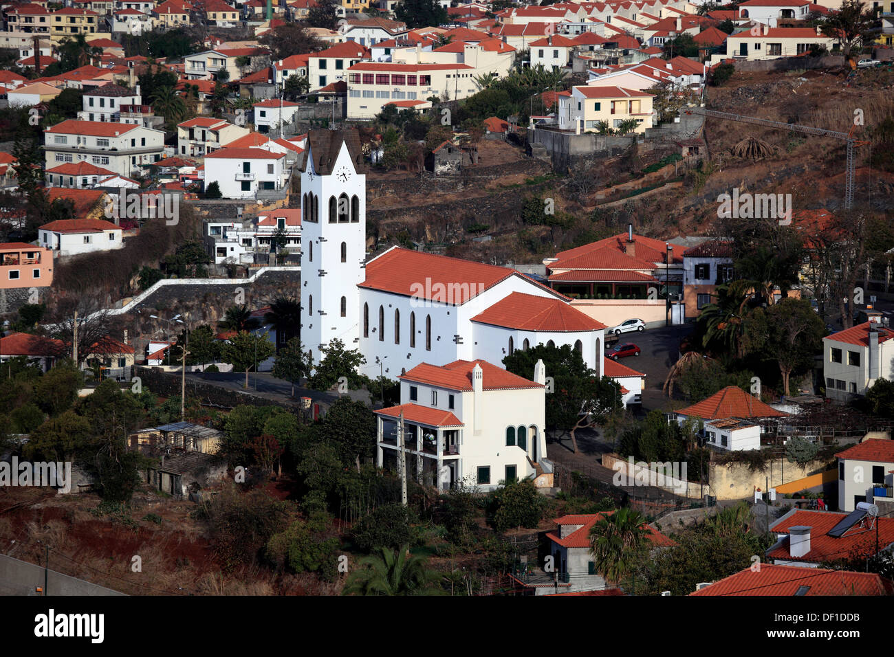 Madeira Island, South West Coast, overlooking Calheta and parish church ...
