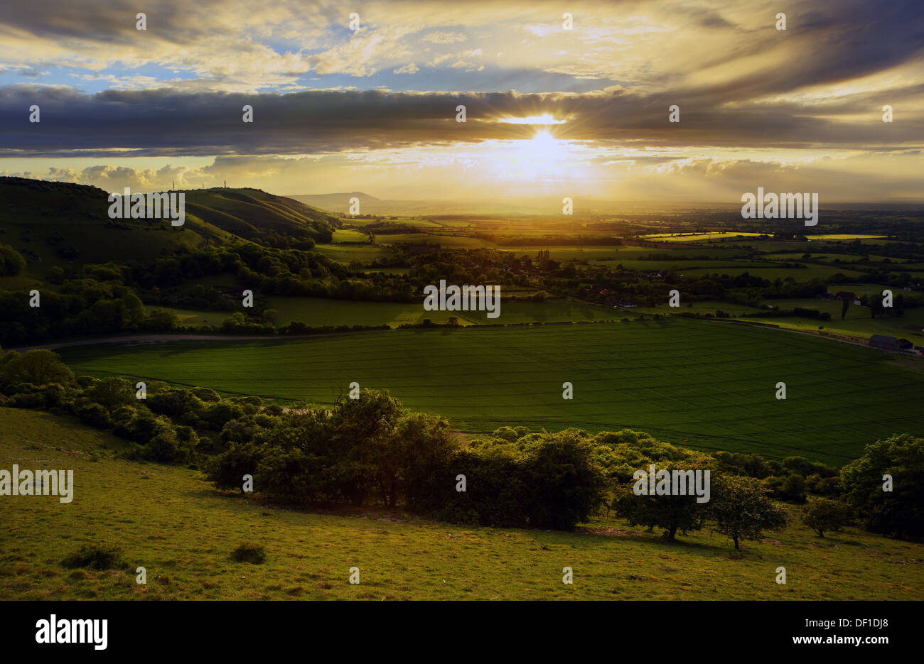 Summer Sunset Landscape Over Countryside Hills And Valleys Stock Photo