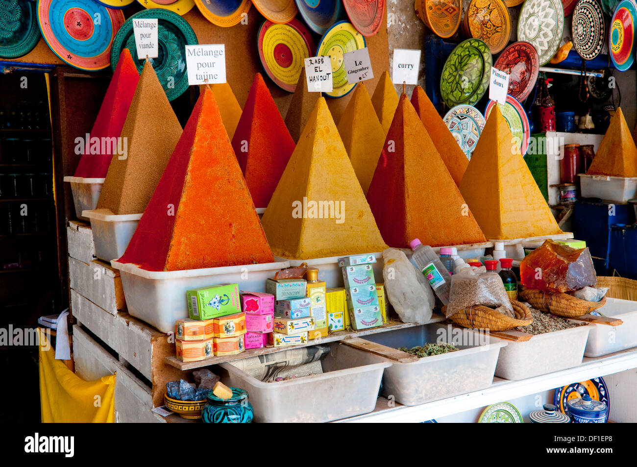 A display of pyramid shaped spices in the souq of Essaouira, Morocco ...