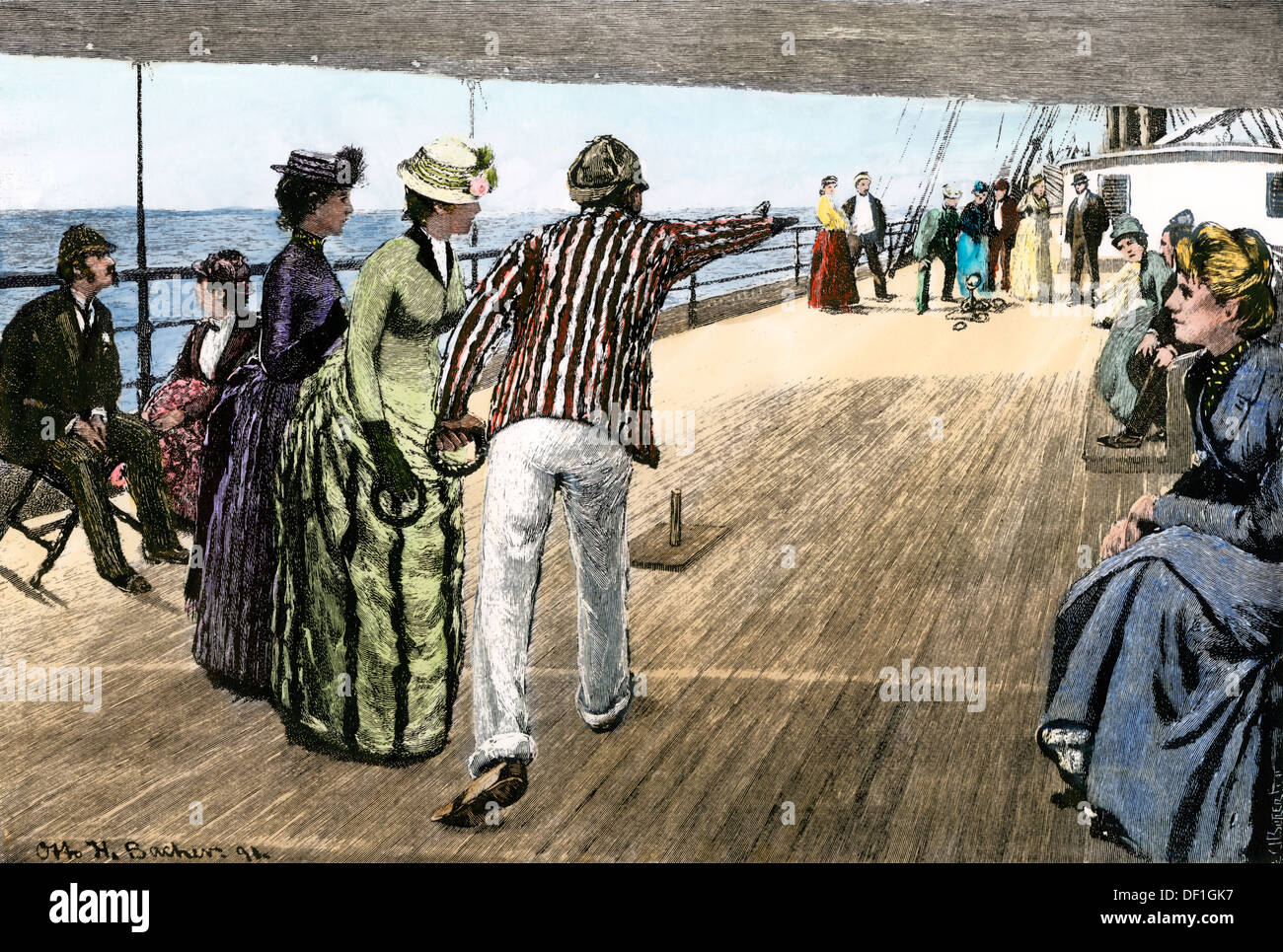 Passengers playing deck quoits on a P & O liner, 1890s. Hand-colored ...