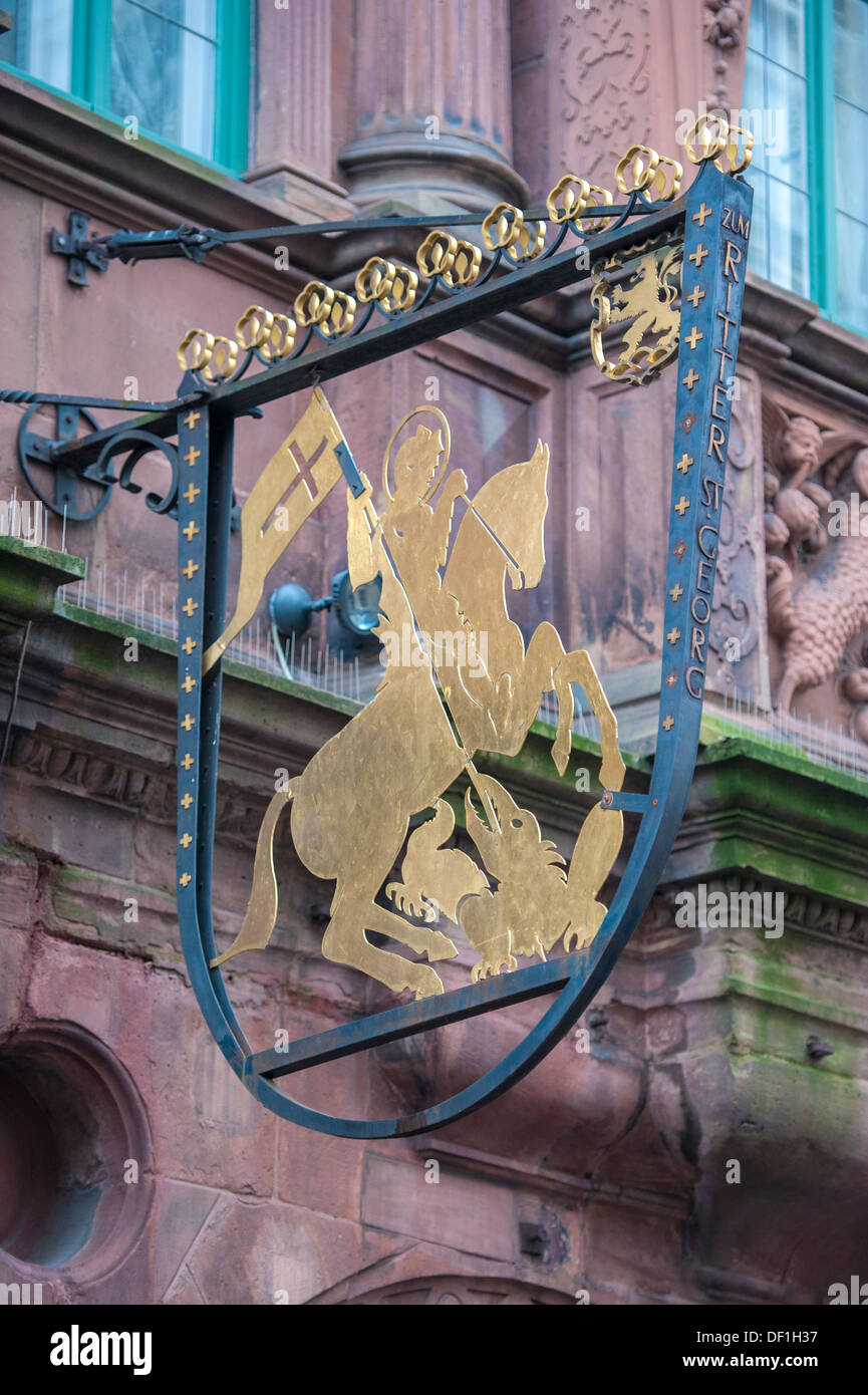 Hotel zum Ritter sign with St. George slaying the dragon, Heidelberg ...