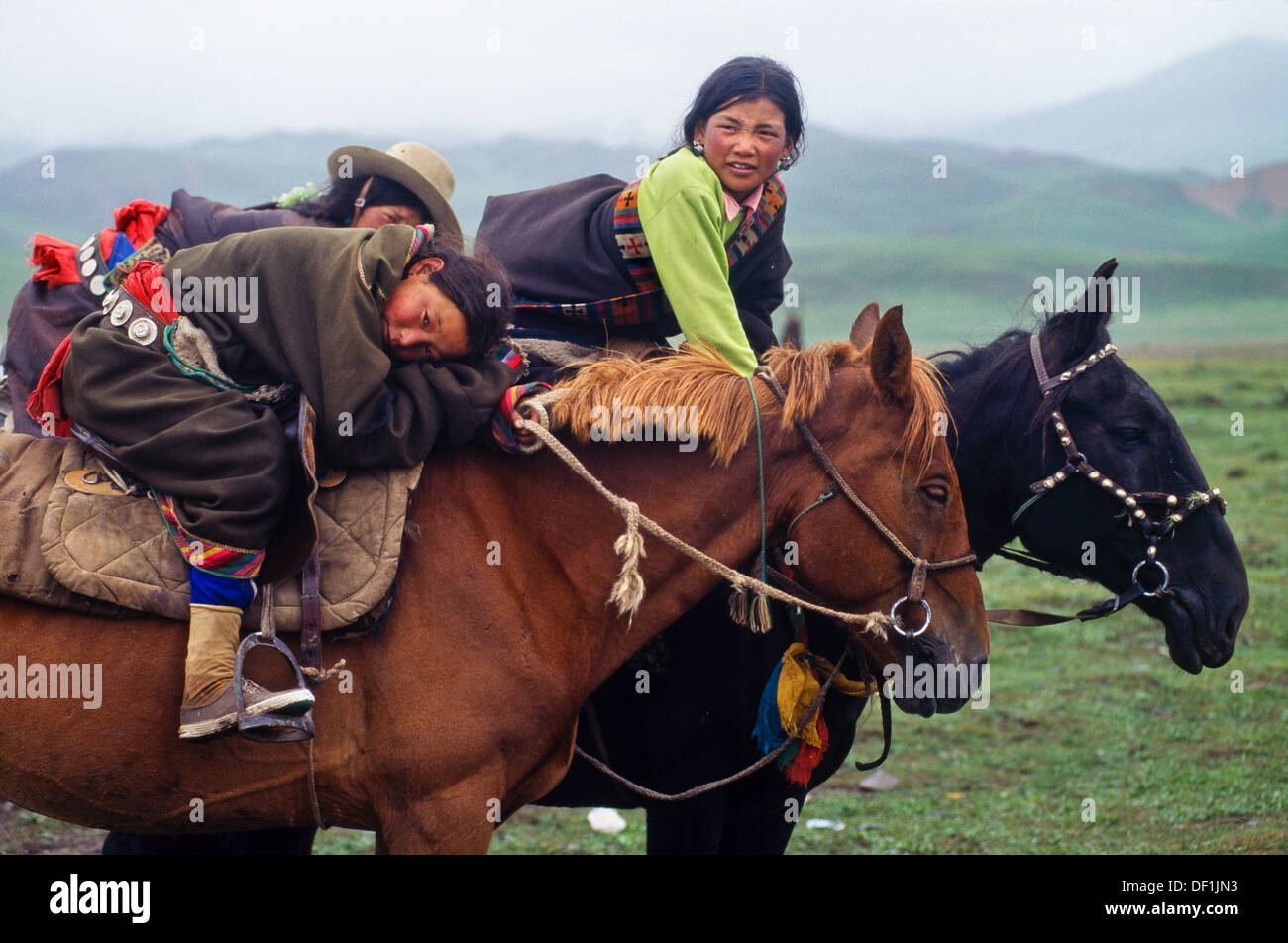 Tibetan tribes with horses nomades Portrait Xiahe Tibet China Stock ...