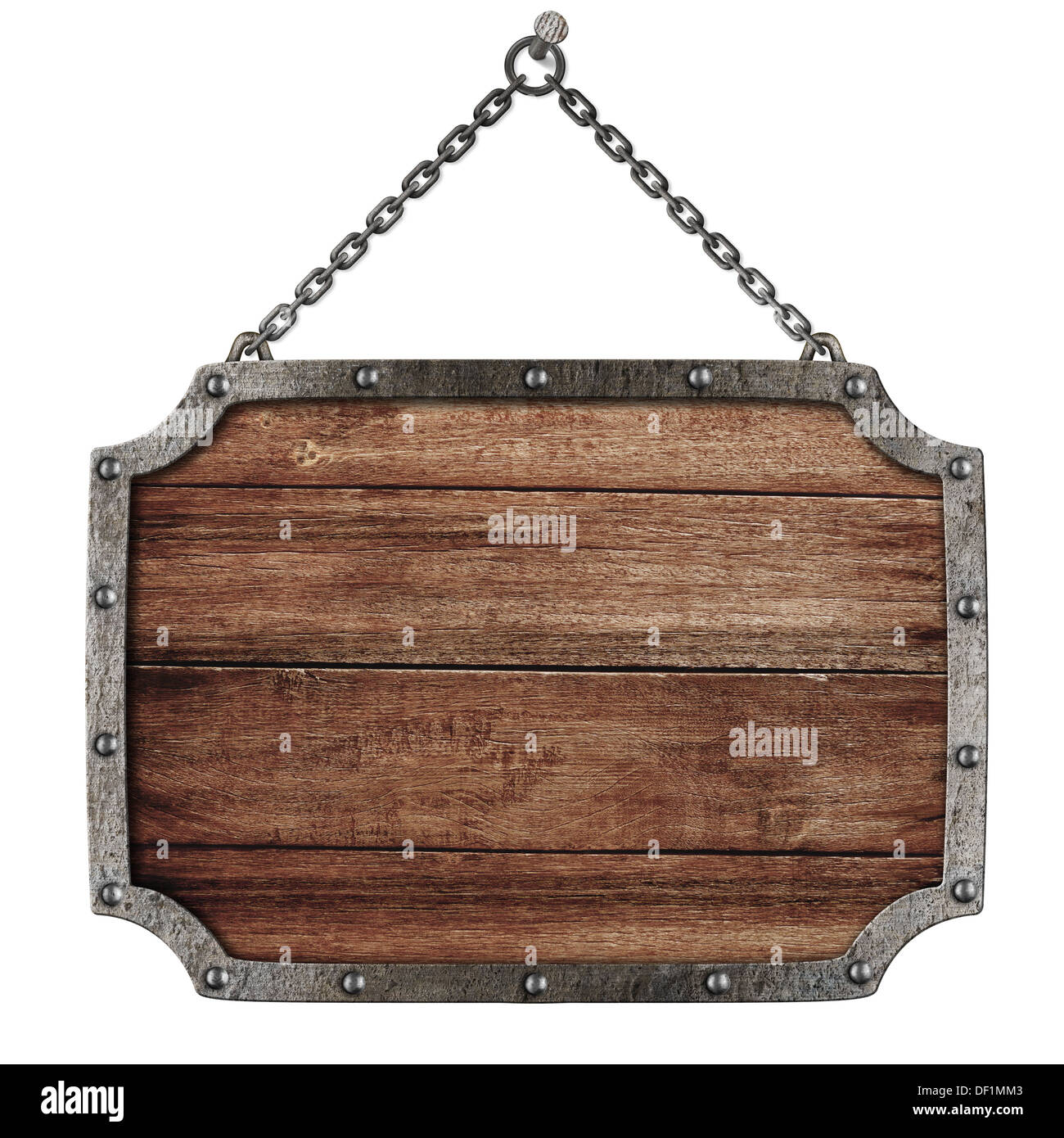 medieval road signboard with chains hanging on nail isolated Stock ...