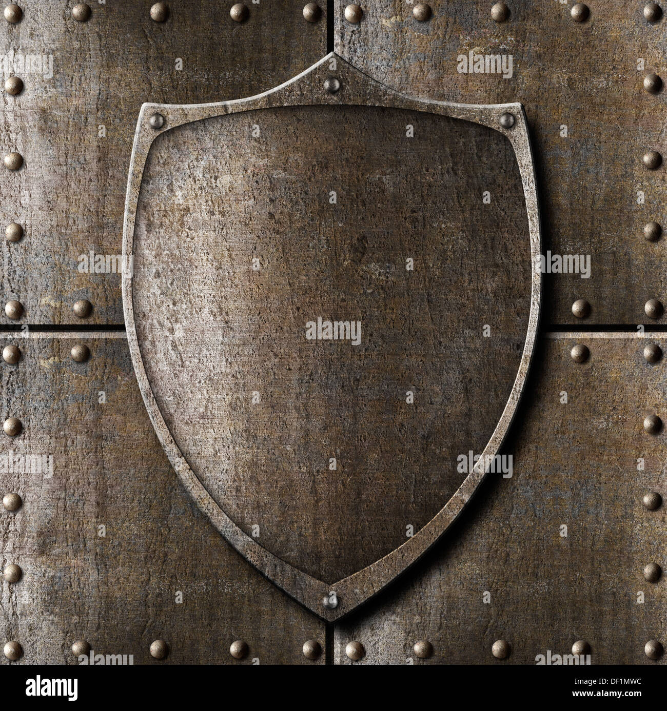 old metal shield over armour background with rivets Stock Photo - Alamy