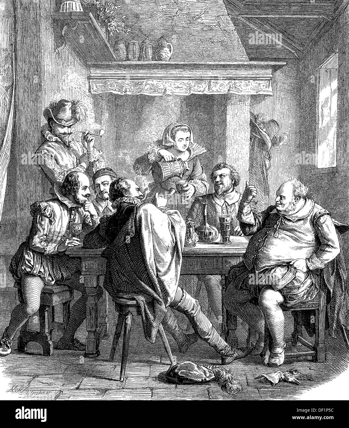 William Shakespeare with friends in the tavern "for Mermaid", woodcut ...