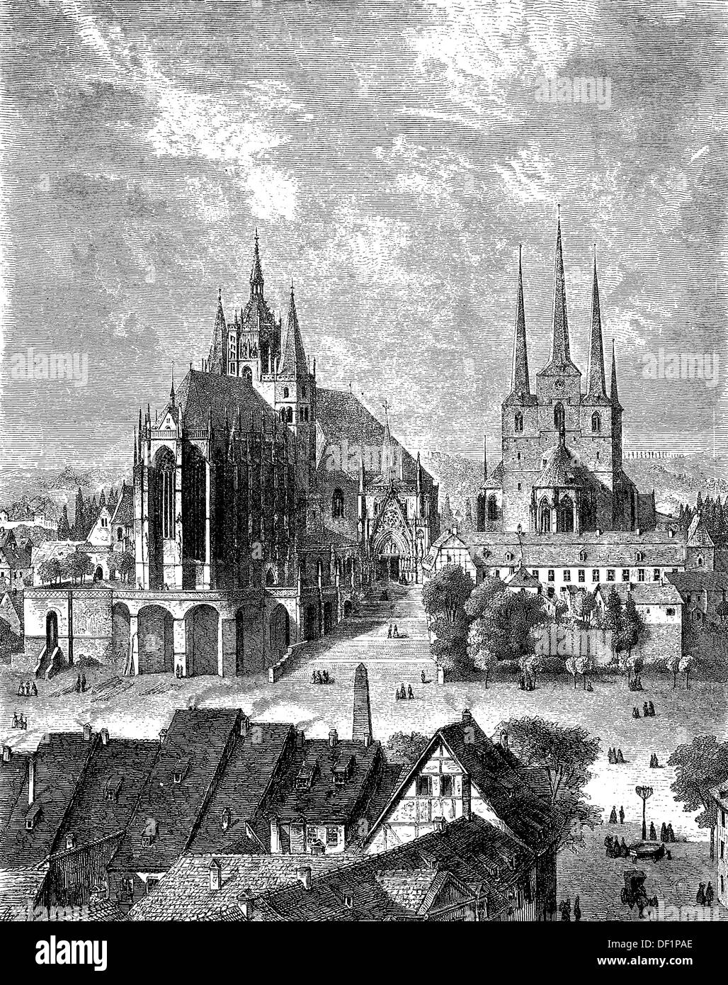 Erfurt with its cathedral, Thuringia, Germany, woodcut from 1864 Stock ...