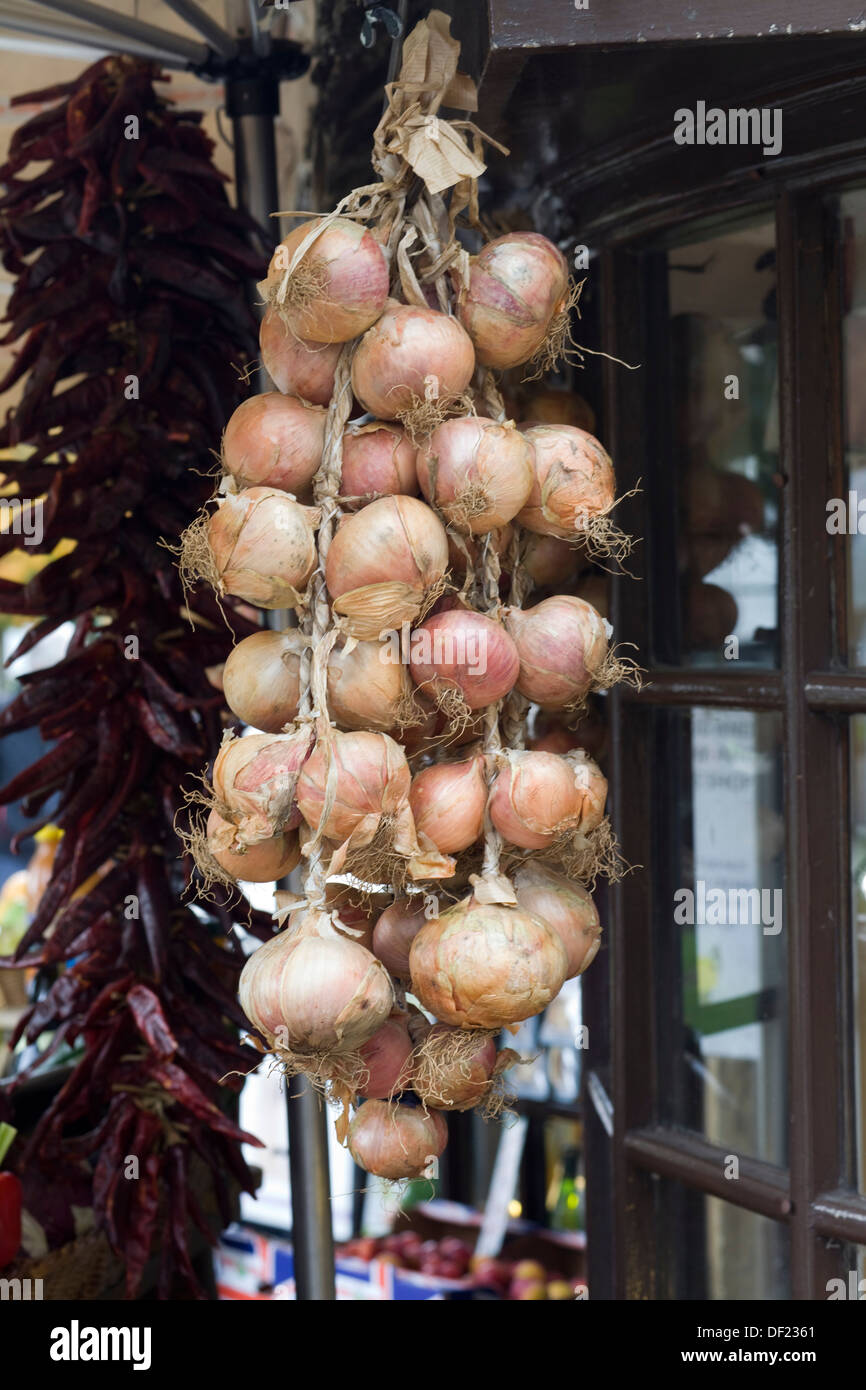 Organic and fresh vegetables at market stall String of Onions Stock ...