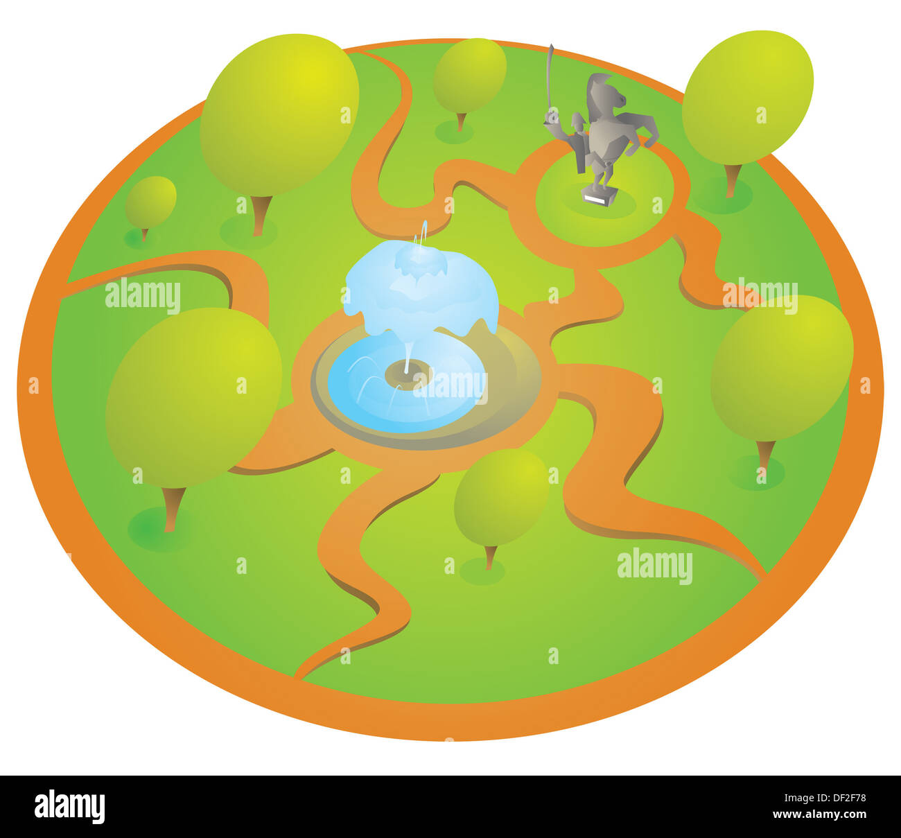 Round park with a fountain and statue Stock Photo - Alamy