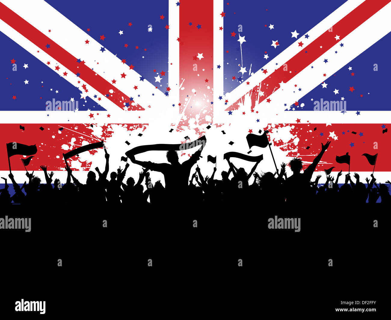 Silhouette of an excited crowd on a Grunge Union Jack Flag background ...