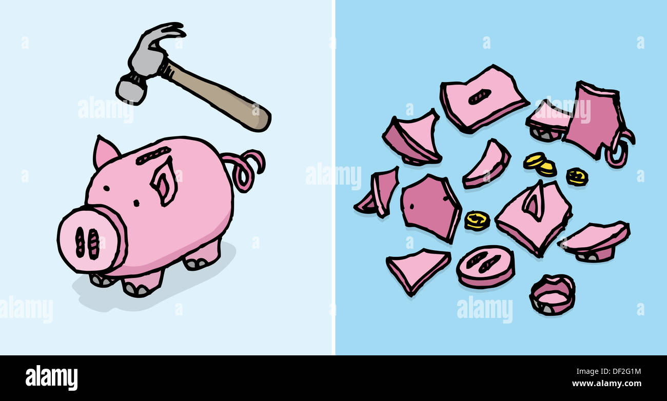 Piggy bank destroyed / Economic depression Savings Stock Photo - Alamy