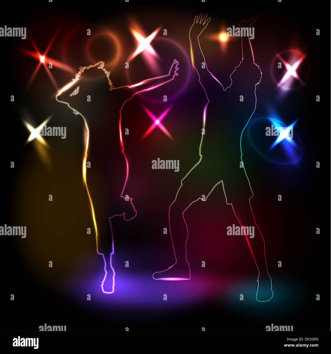 Glowing neon outlines of people dancing on lights background Stock ...