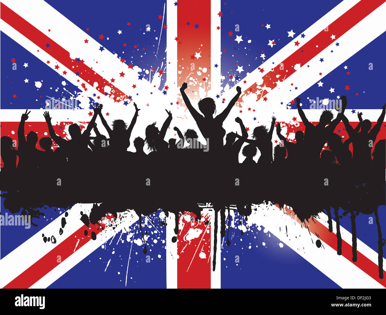Silhouette of an excited crowd on a Grunge Union Jack Flag background ...