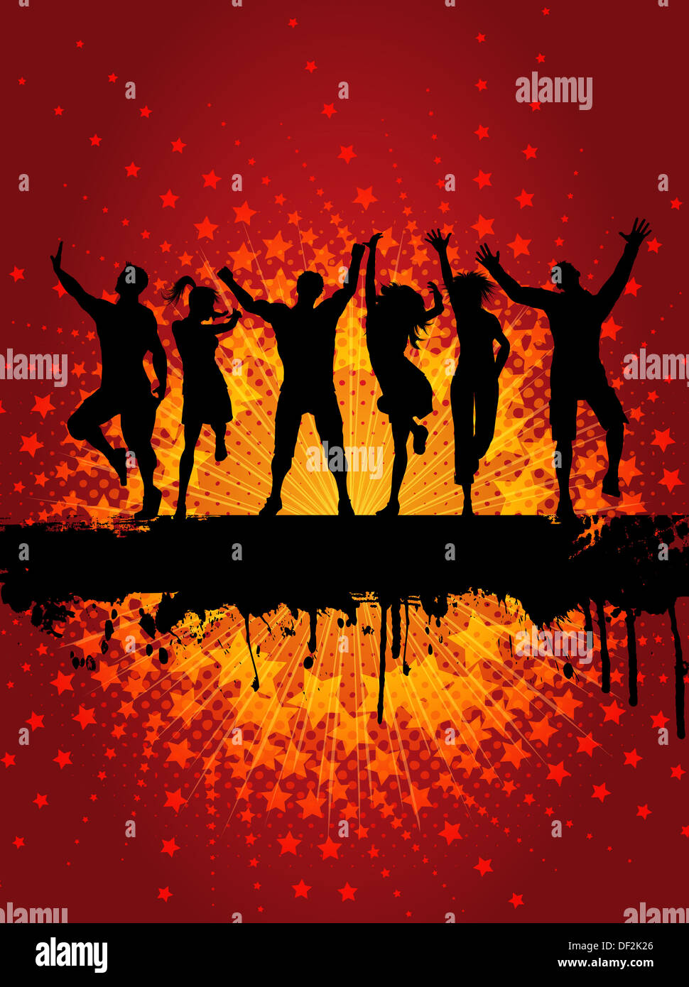 Silhouettes of people dancing on a grunge starburst background Stock ...