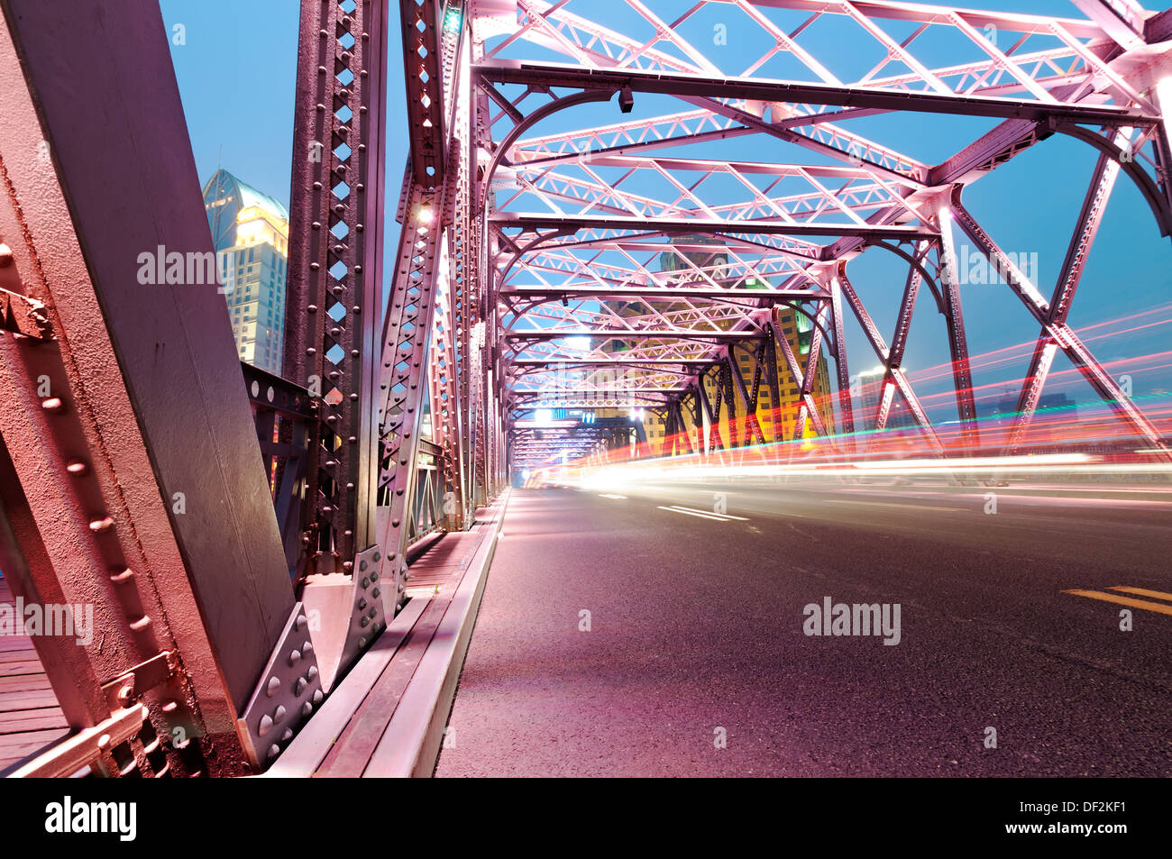 Night traffic lights inside of the Garden Bridge of shanghai china ...