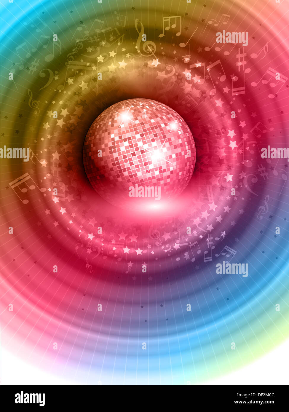 Abstract mirror ball background with music notes and rainbow colours ...