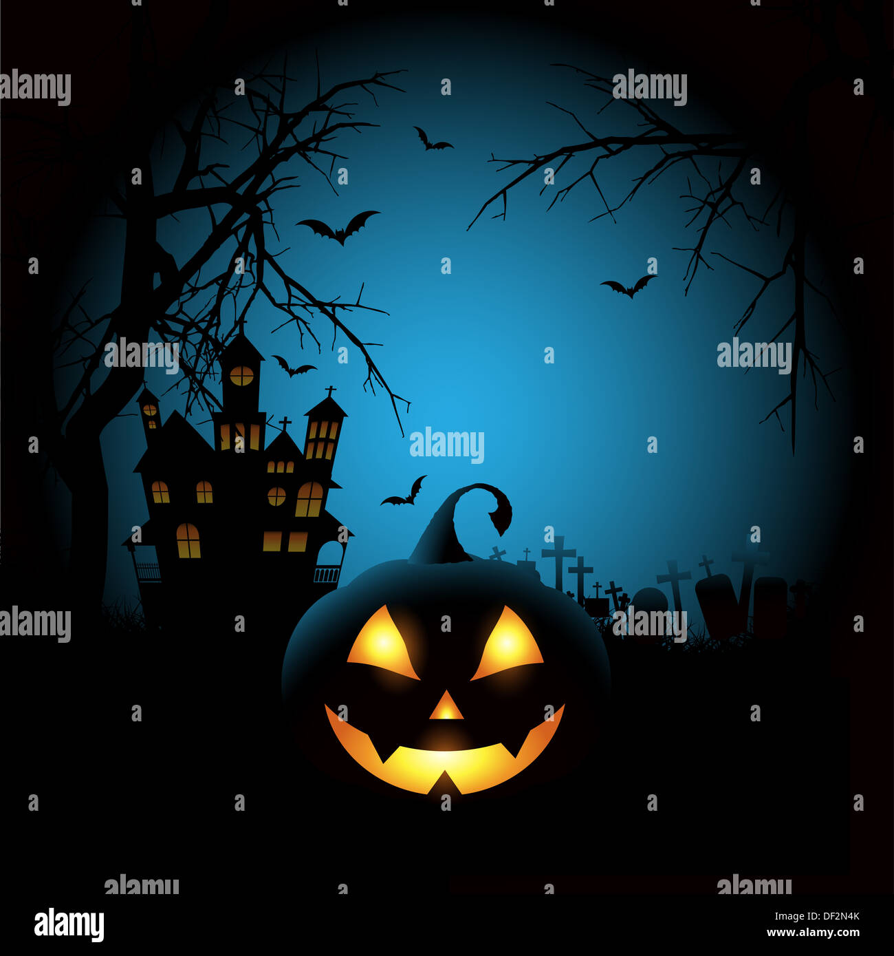 Spooky Halloween background with a pumpkin and haunted house Stock ...