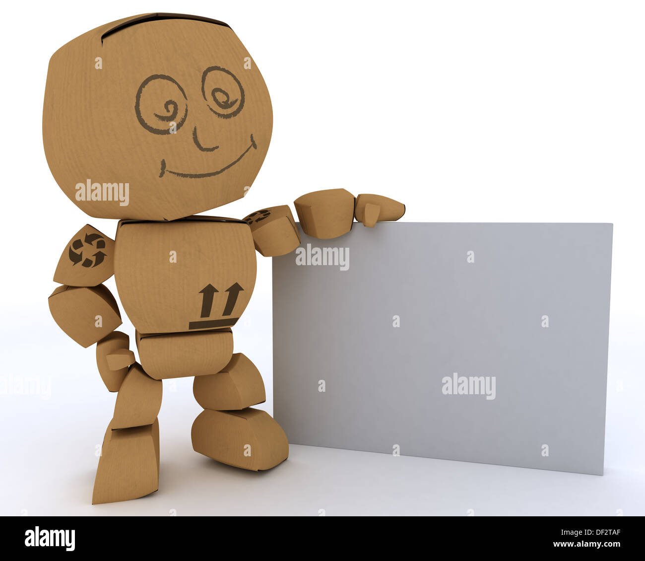 3D render of a Cardboard Box figure with blank white sign Stock Photo ...