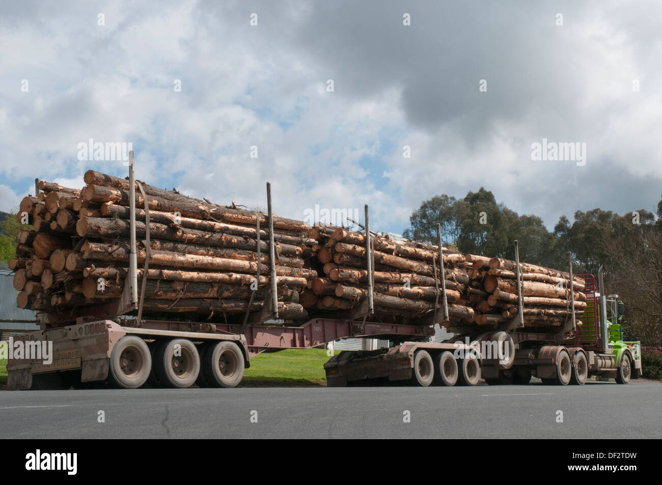 Fully-laden logging truck parked at Jingellic near the Murray River in ...