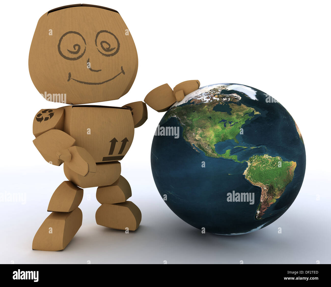 3D render of a Cardboard Box figure with globe Stock Photo - Alamy