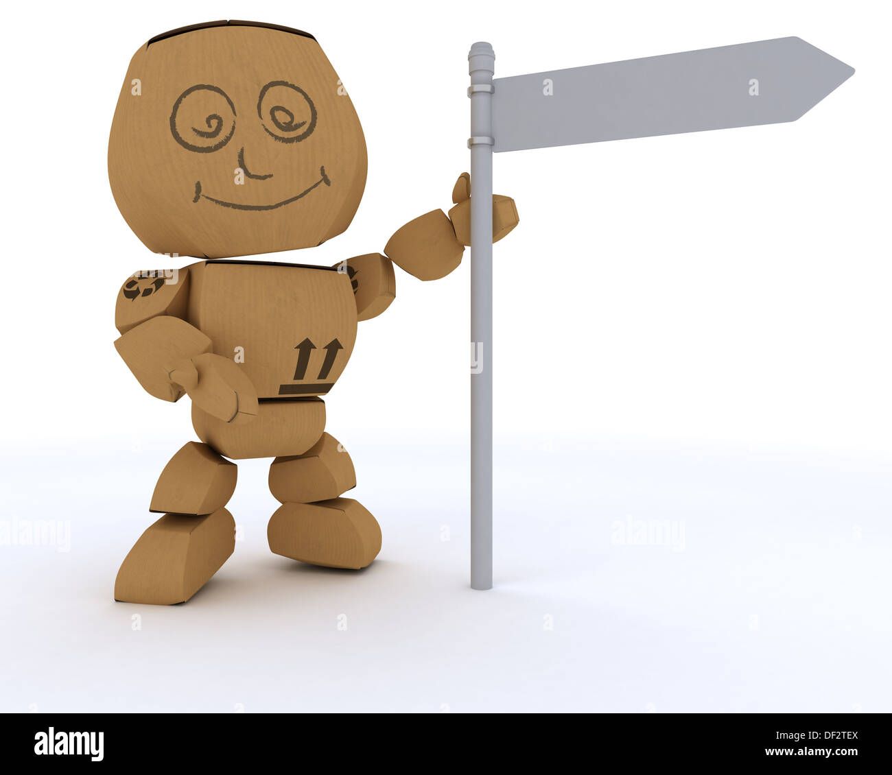 3D render of a Cardboard Box figure with blank white road sign Stock ...