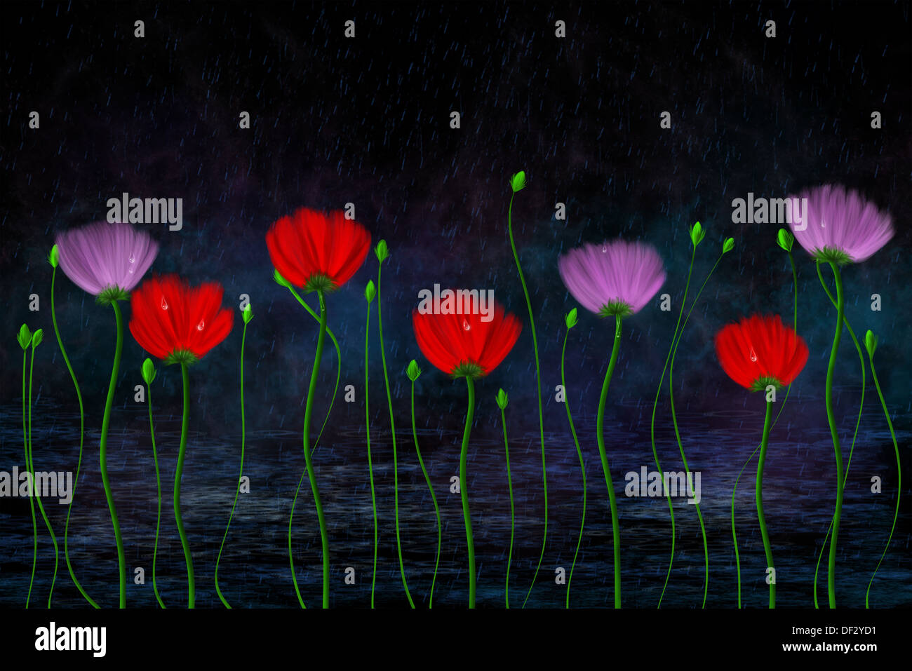 Abstract rain and flowers with buds and drops. Drawing Digital Art ...