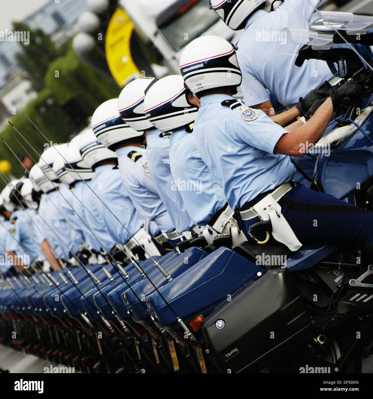 Row of dark blue French police motorcycles and drivers. Paris. France ...