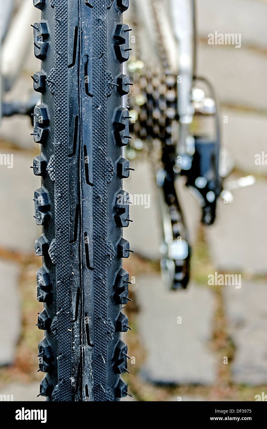 Detail of a rubber wheel mountain bike Stock Photo - Alamy