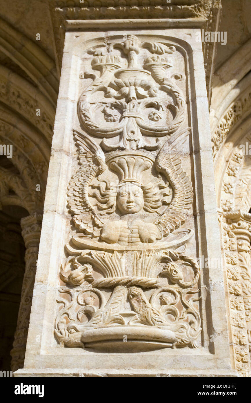 Sculpted column of interior courtyard of the Monastery of St Jeronimo ...
