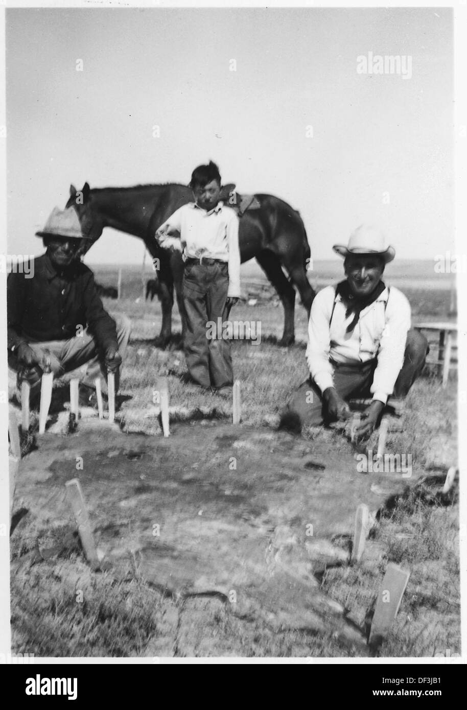 The photograph depicts individuals butchering a buffalo, an essential ...