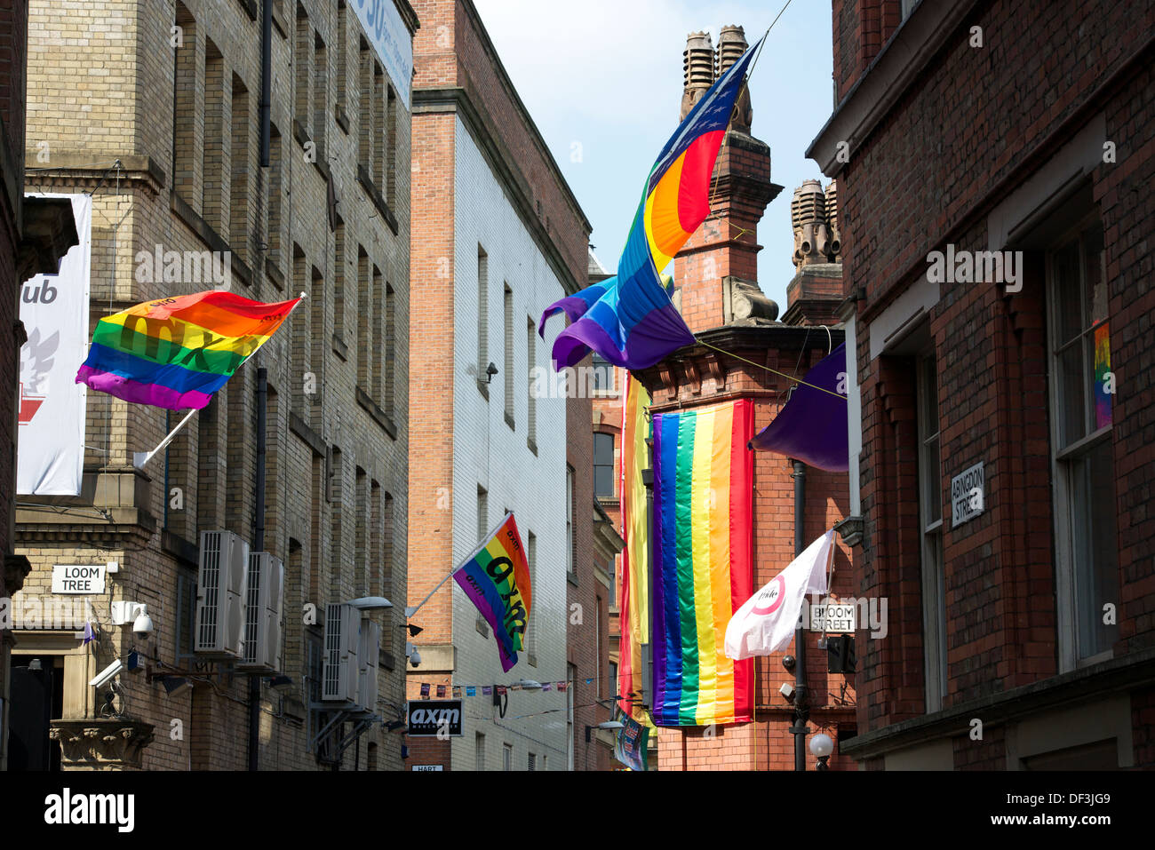 Rainbow flags fly over the Gay Village around Canal Street, Manchester ...