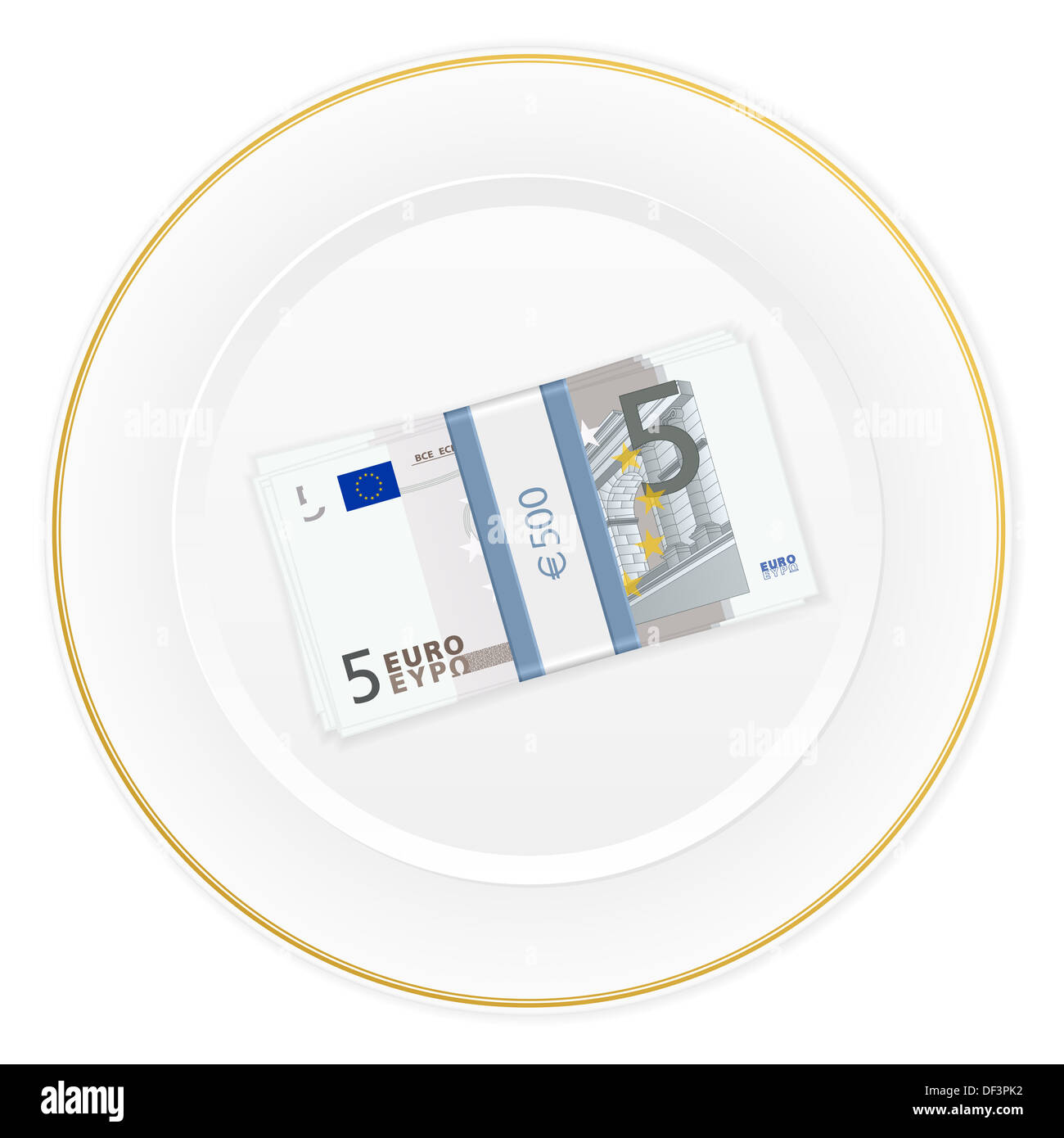 Plate with five euro pack on a white background Stock Photo - Alamy
