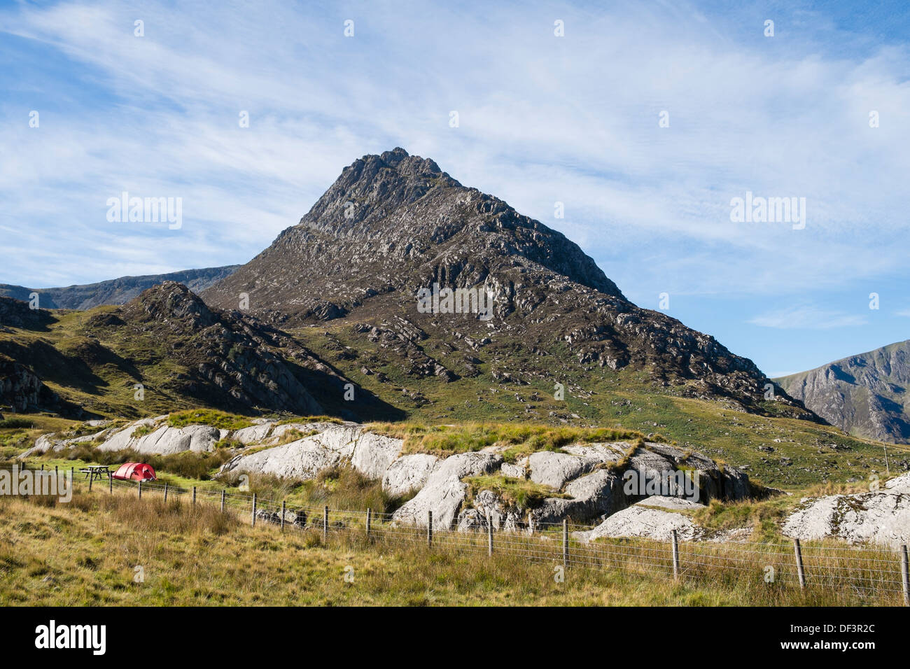 View to Mount Tryfan east face with heather terrace in Snowdonia ...