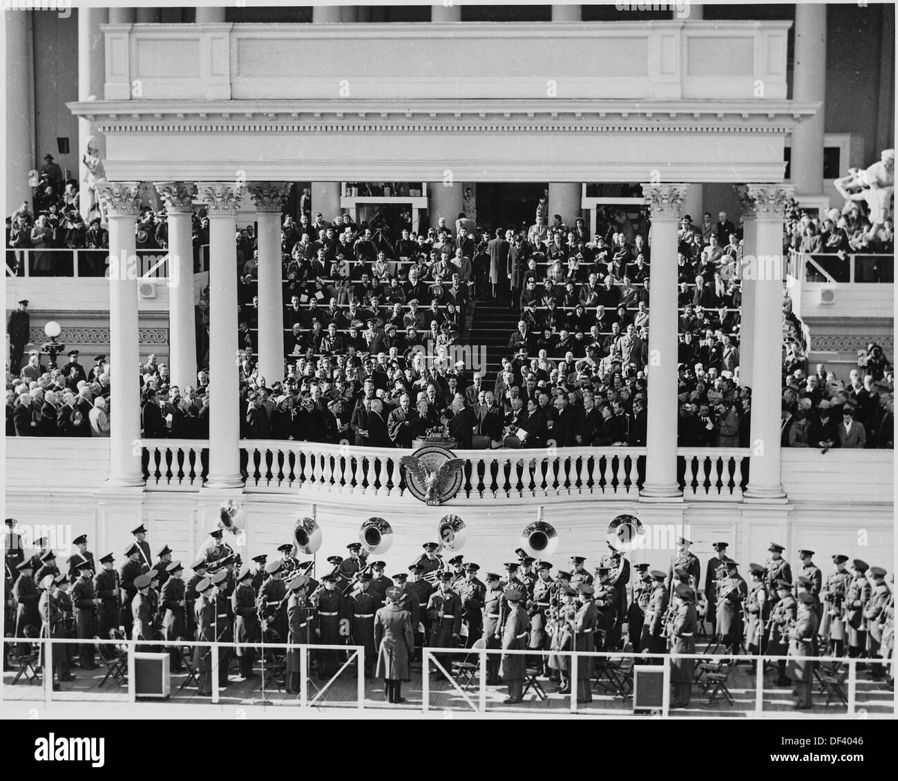 A distant view of President Harry S. Truman being sworn in during his ...