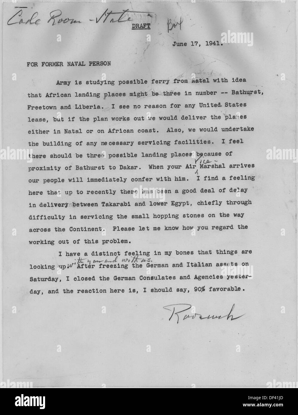 A draft of a letter from Franklin D. Roosevelt to Winston Churchill ...