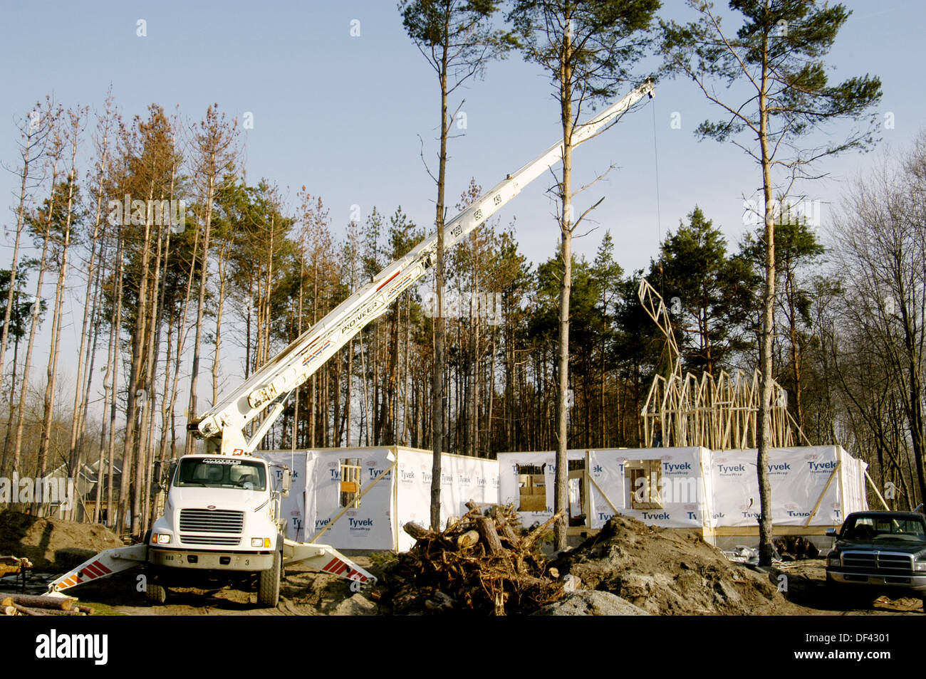 Crane is used to set roof trusses in position on new home Stock Photo ...