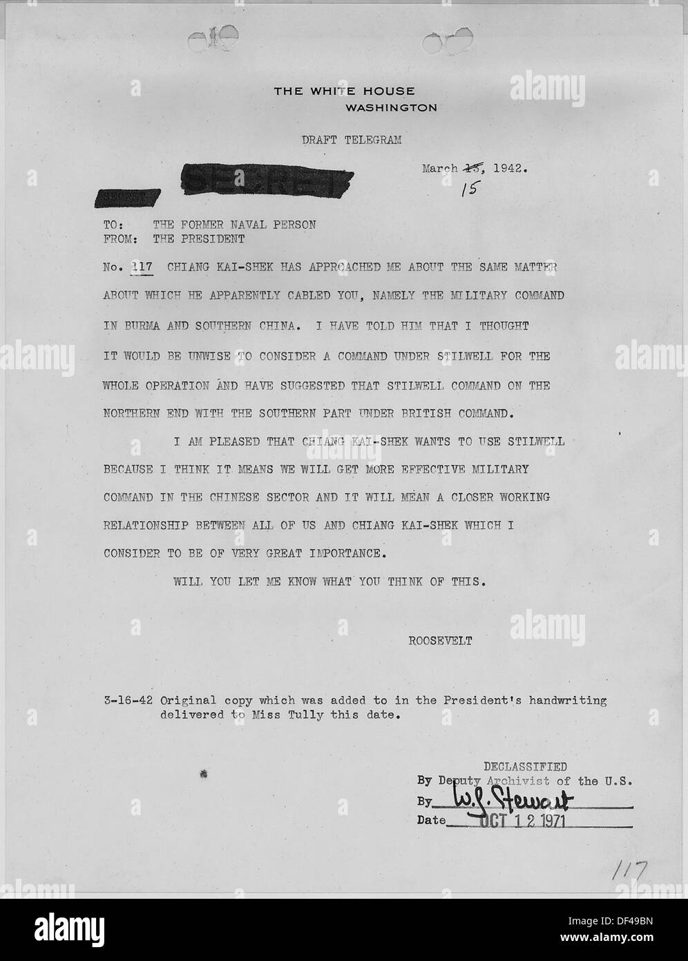 A photograph of a draft message from President Franklin D. Roosevelt to ...