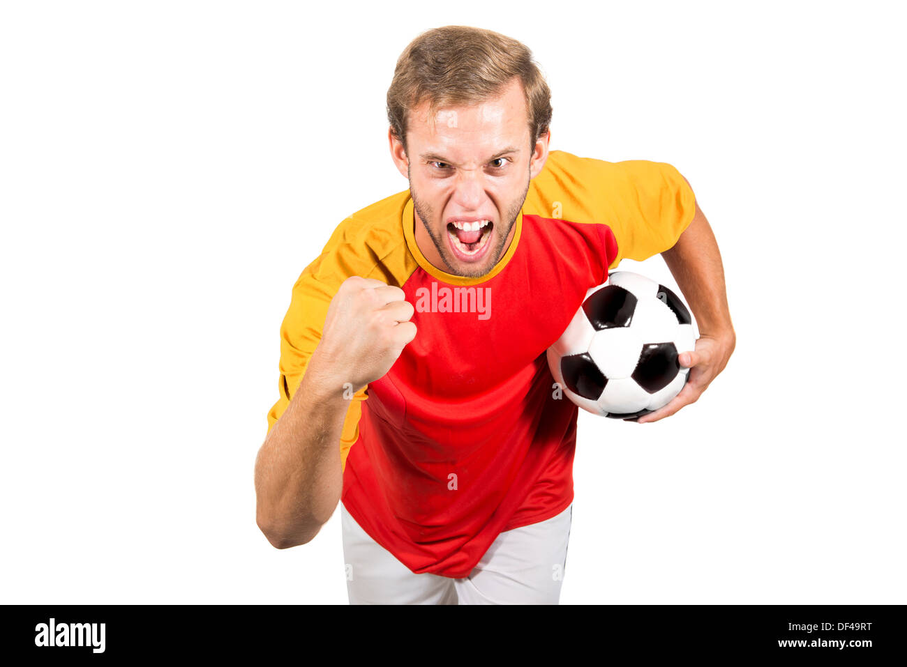 Football player with a ball isolated in white Stock Photo - Alamy