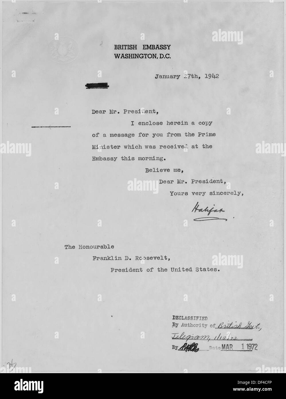 A photograph of a letter from Halifax to Franklin D. Roosevelt, taken ...